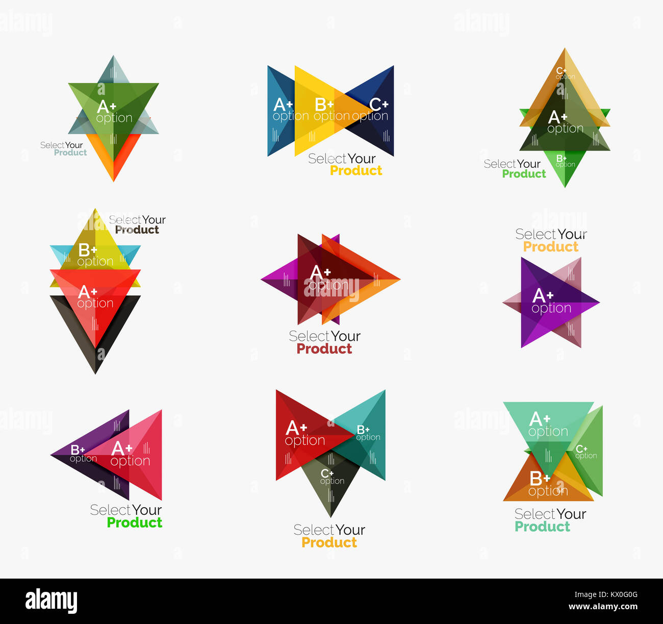 Set of triangle layouts with text and options. Elements of business ...