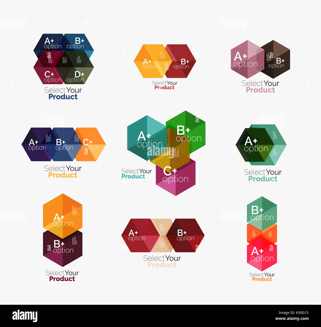 Set of abstract geometric hexagon design with options and text ...
