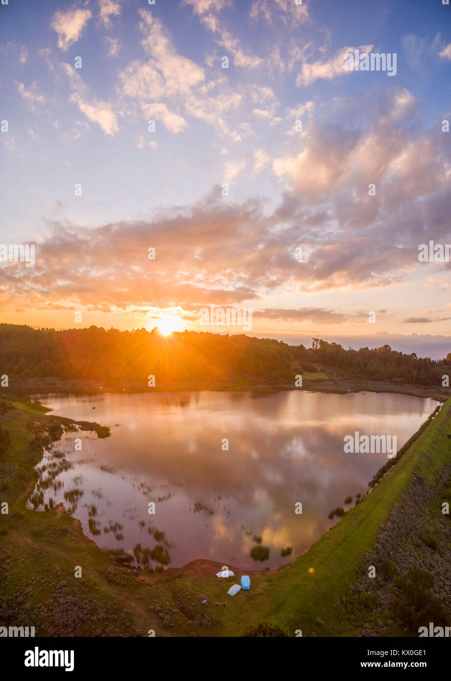 An aerial view of a dramatic sunset of Loch Maree, Connemara Lakes ...