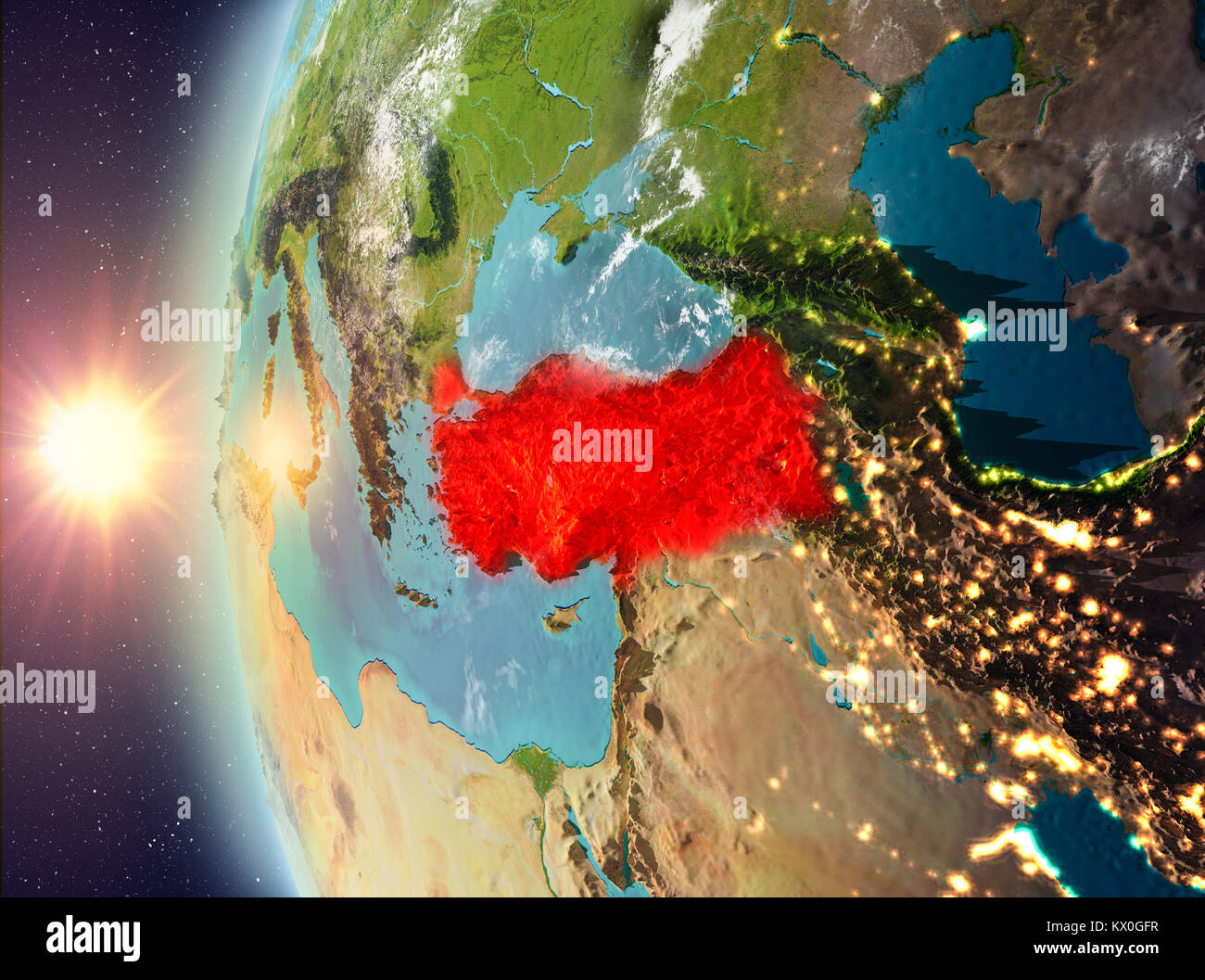 Turkey as seen from space on planet Earth during sunset. 3D ...