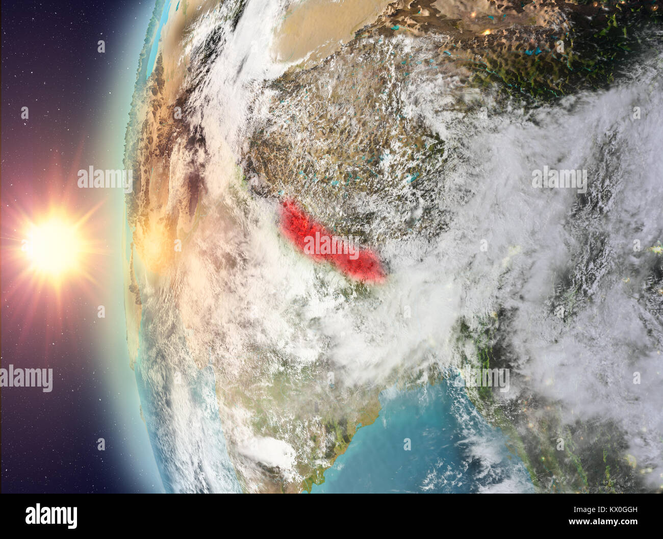 Nepal as seen from space on planet Earth during sunset. 3D illustration ...