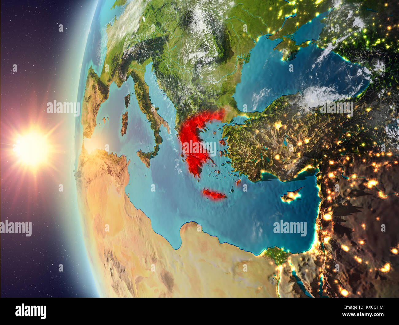 Greece as seen from space on planet Earth during sunset. 3D ...