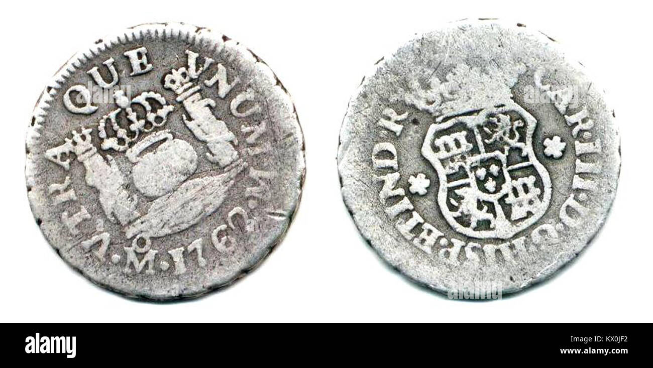 This coin from Mexico, dated 1762, features a 'medio real' denomination ...