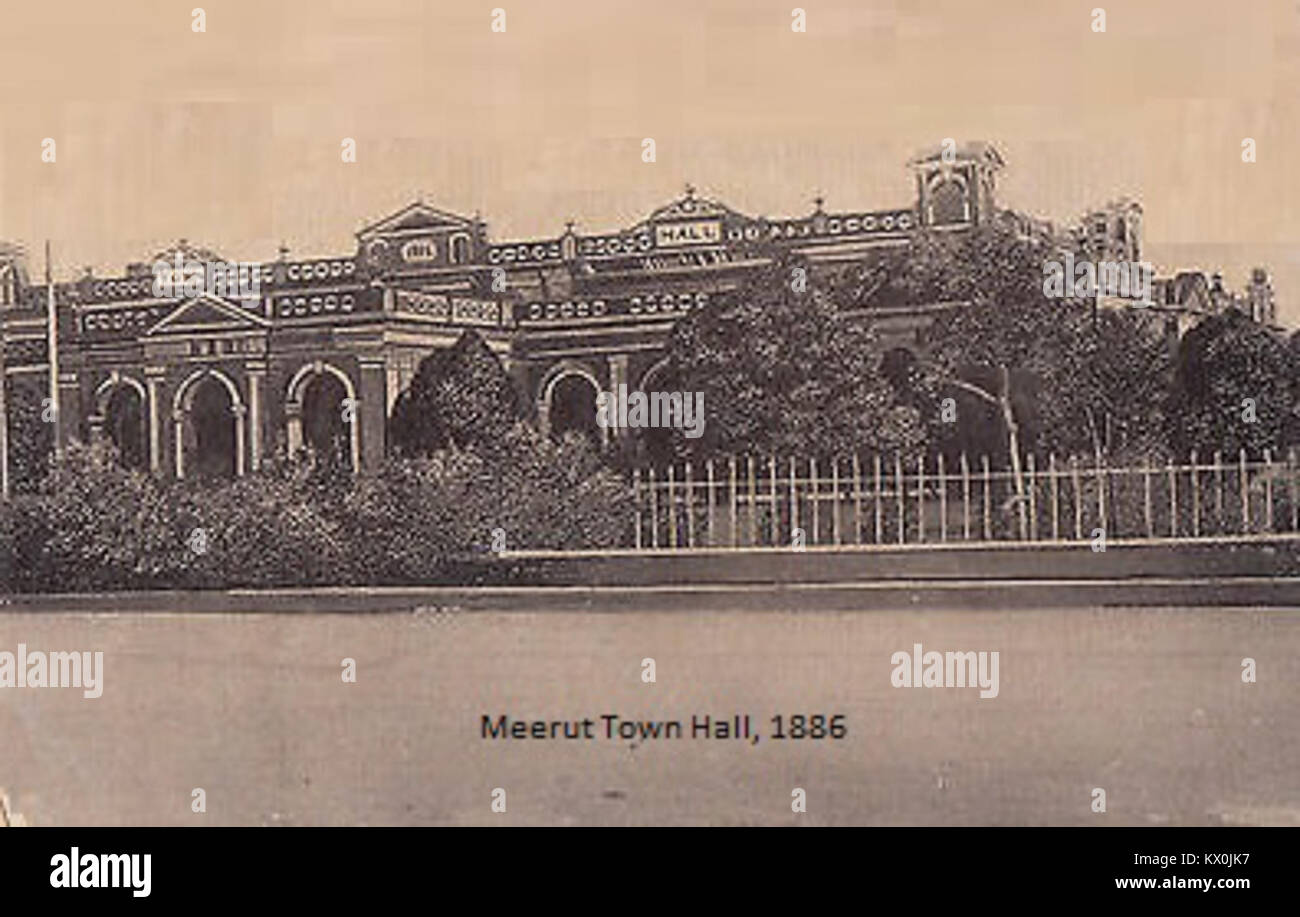 A historic photograph of the Meerut Town Hall, built in 1886, an ...
