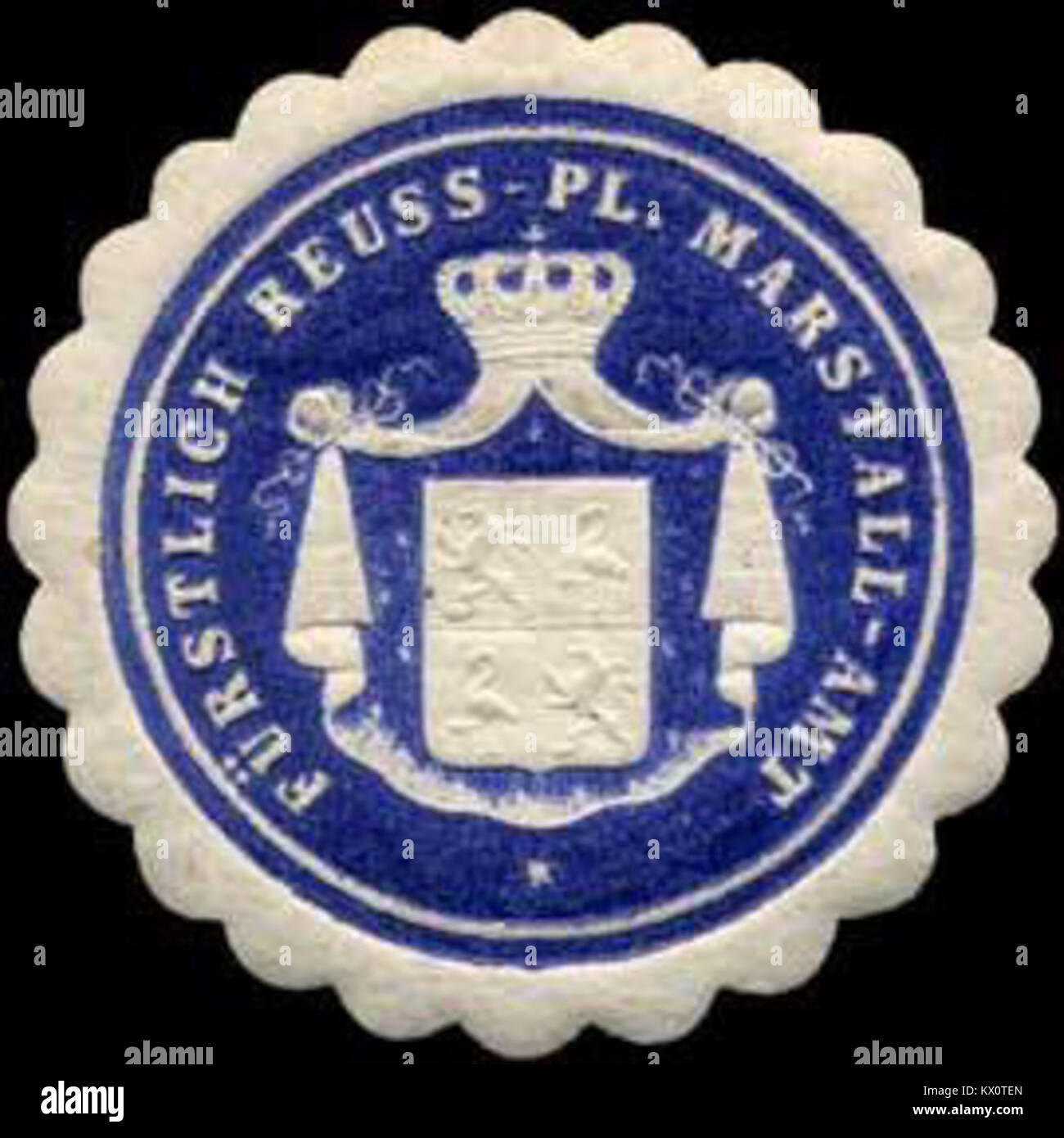 This historical seal mark represents the Prince Reuss-Pl. Marstall-Amt ...