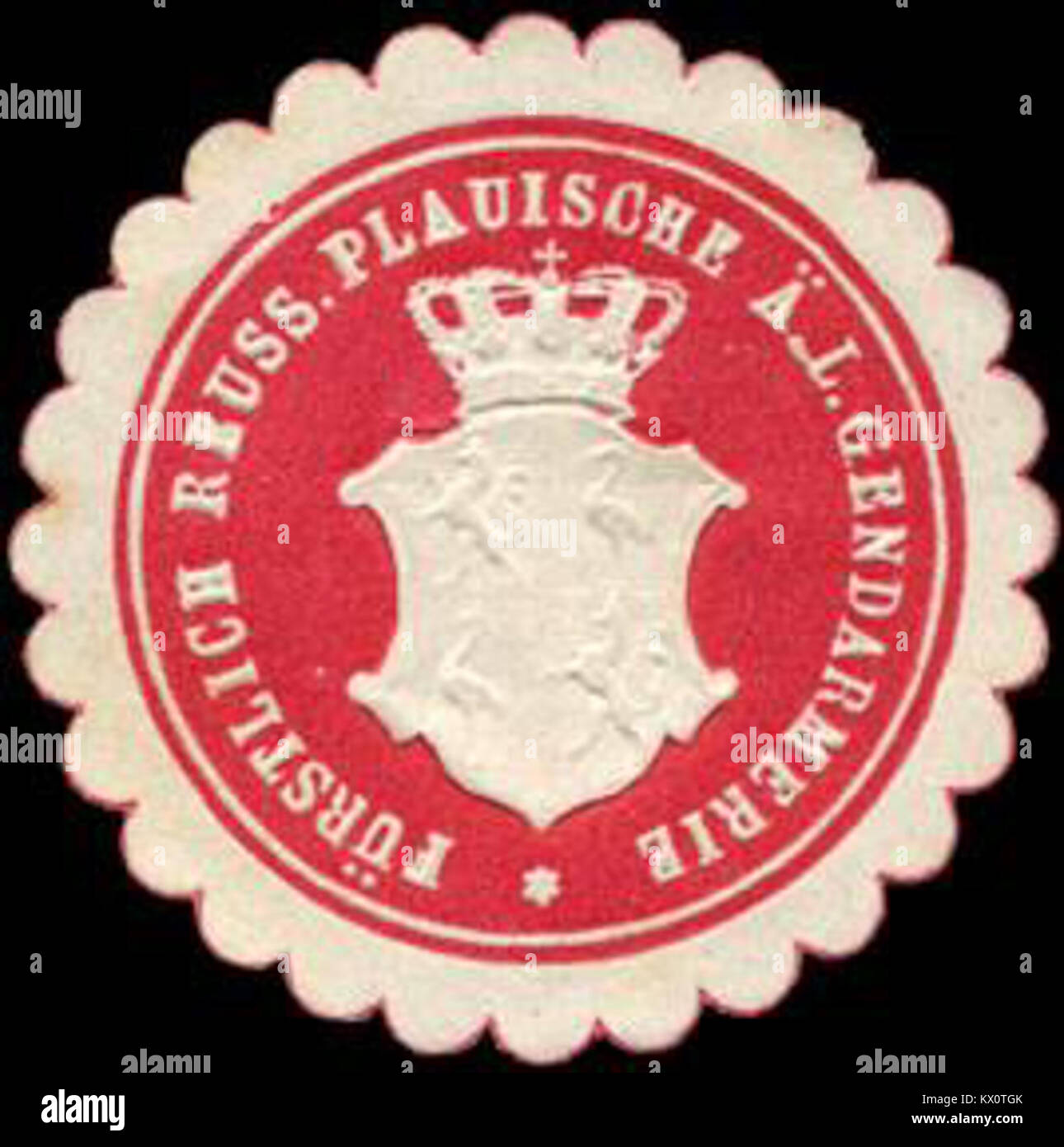 This stamp depicts the coat of arms of the Fürstlich Reuss family, with ...