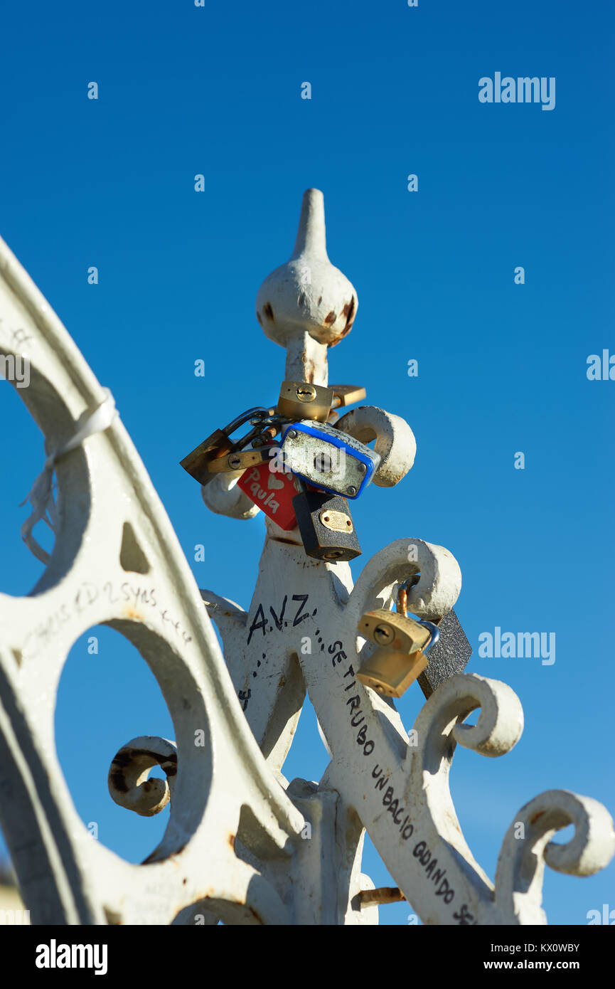 DUBLIN, IRELAND - FEBRUARY 4, 2017: Love locks on metal railing of ...