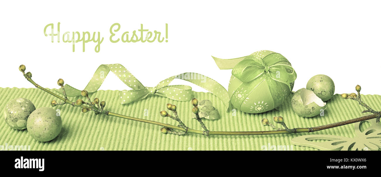 Green Easter border with painted eggs and Spring decorations on white ...