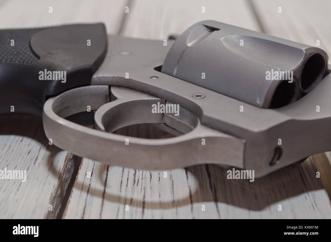 A close up of the trigger, cylinder and butt of a stainless revolver on ...