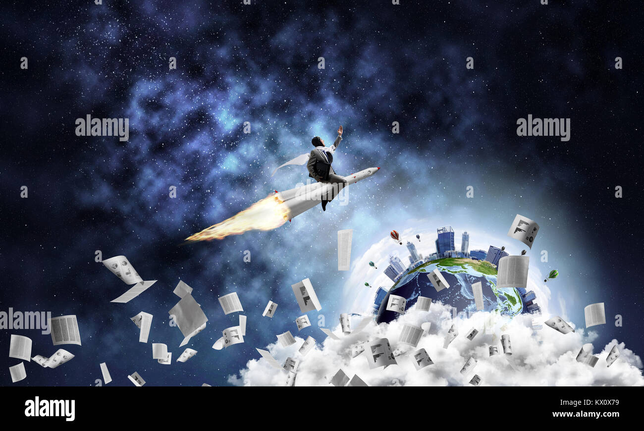 Conceptual image of young businessman in suit flying on rocket among ...
