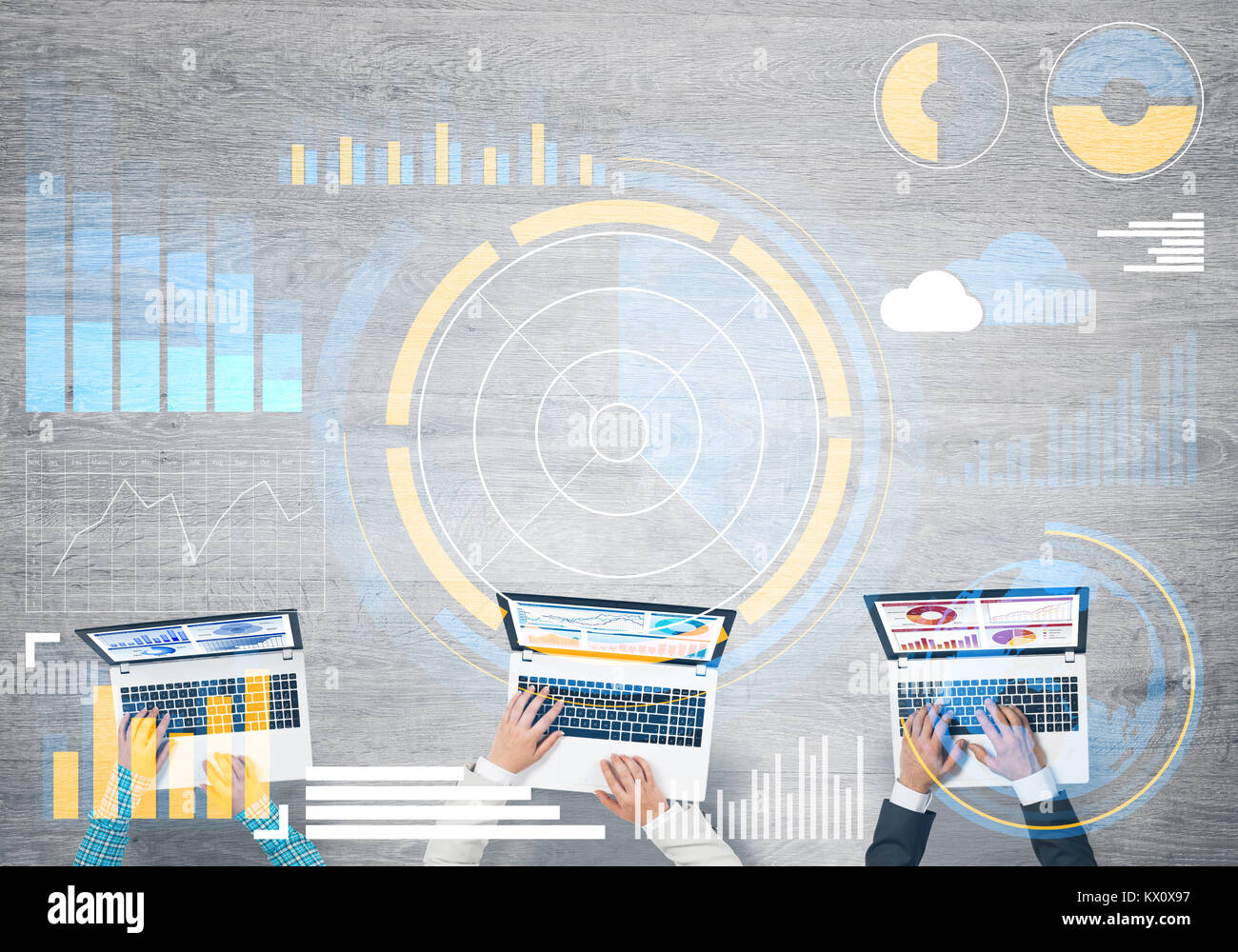 Group of three people with devices in hands working together as symbol ...
