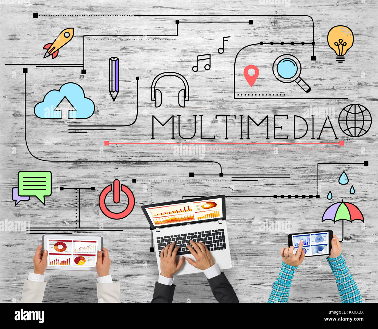 Group of three people with devices in hands working together as symbol ...