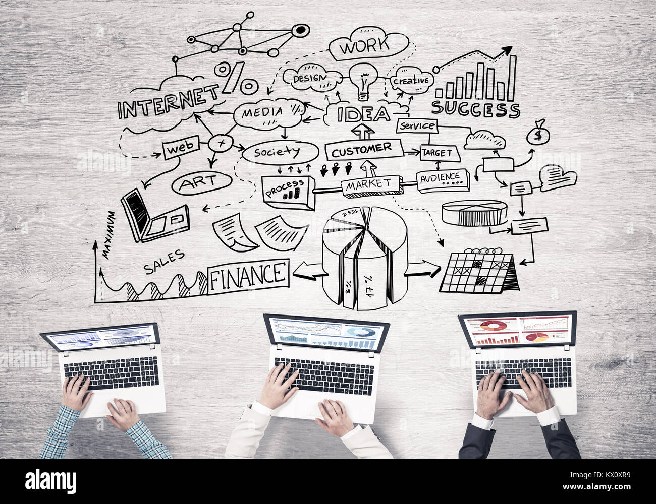 Group of three people with devices in hands working together as symbol ...