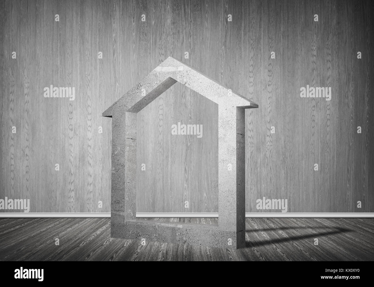 House stone figure as symbol of real estate in empty concrete room ...