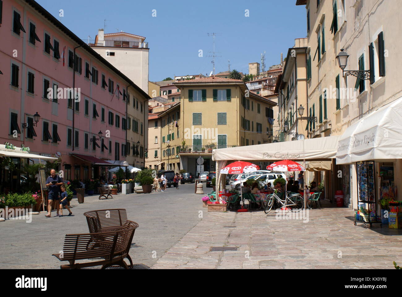 Street view in the historic old town of Portoferraio, Elba, Italy Stock ...
