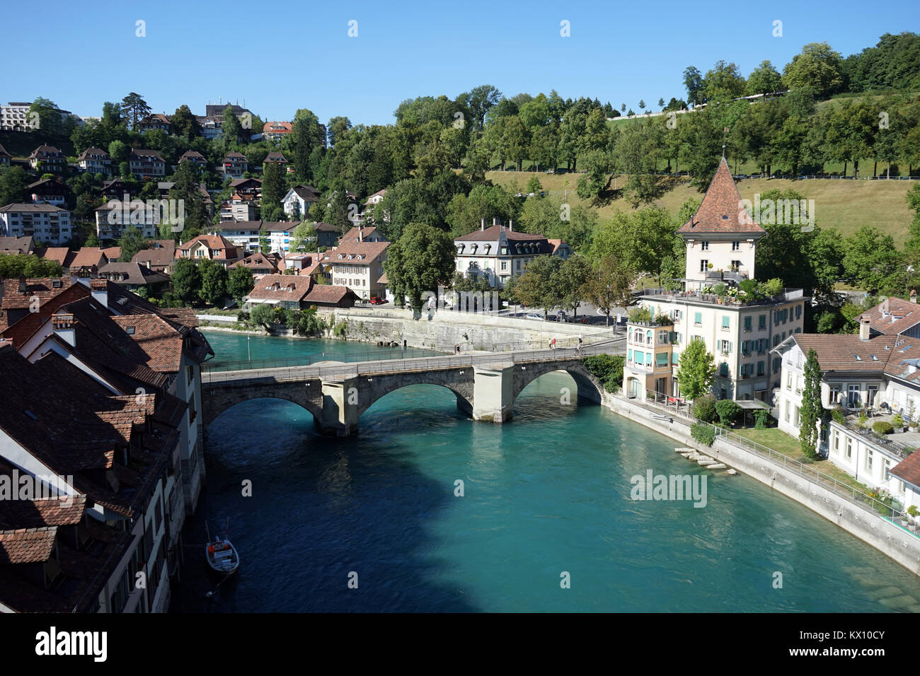 BERN, SWITZERLAND - CIRCA AUGUST 2015 Embankment of Aare river and ...