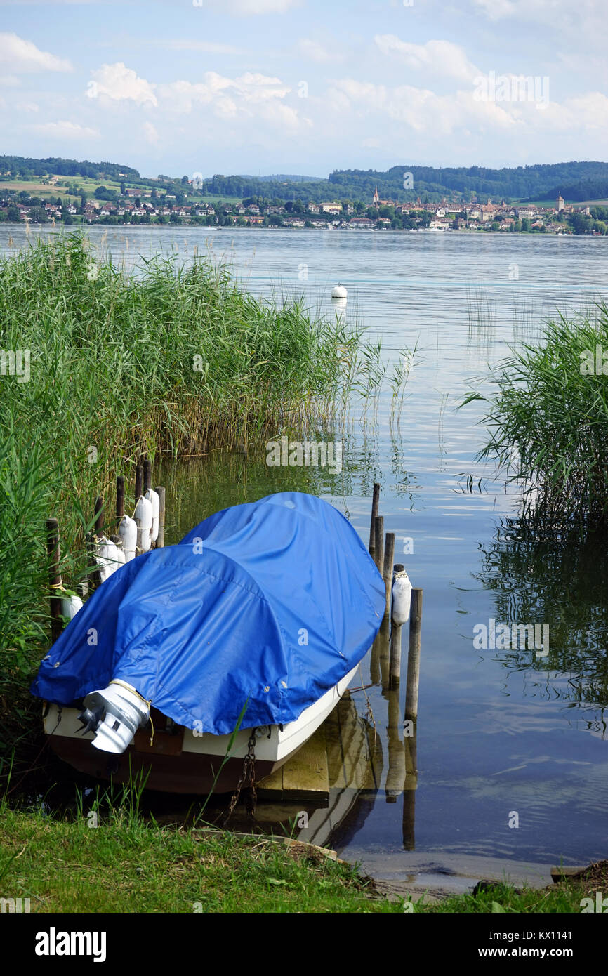 Boat on the lake Morat in Switzerland Stock Photo - Alamy