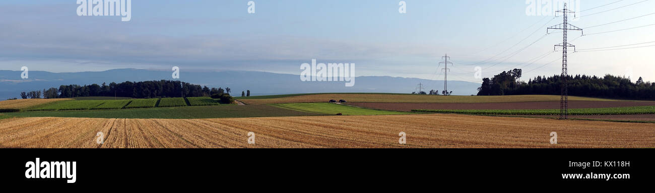 Panorama of pylons with electrical wire on the farm field in ...