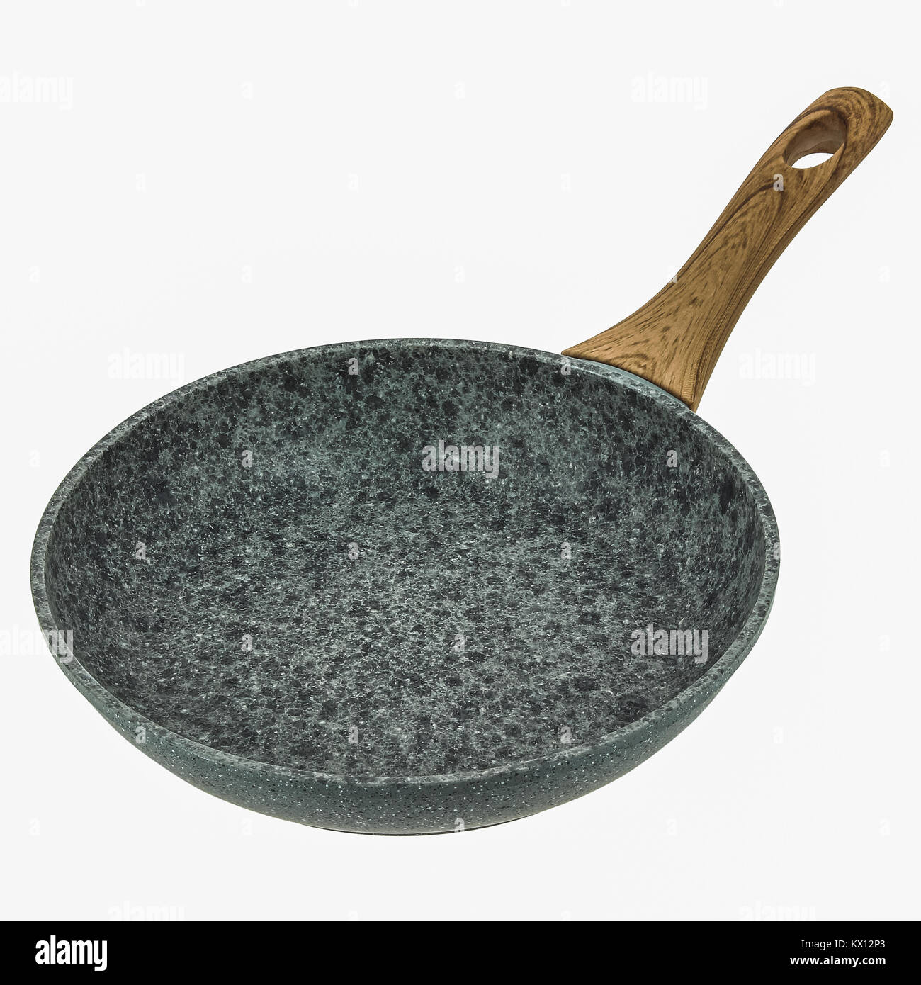 Round frying pan with wooden handle isolated on white background Stock ...