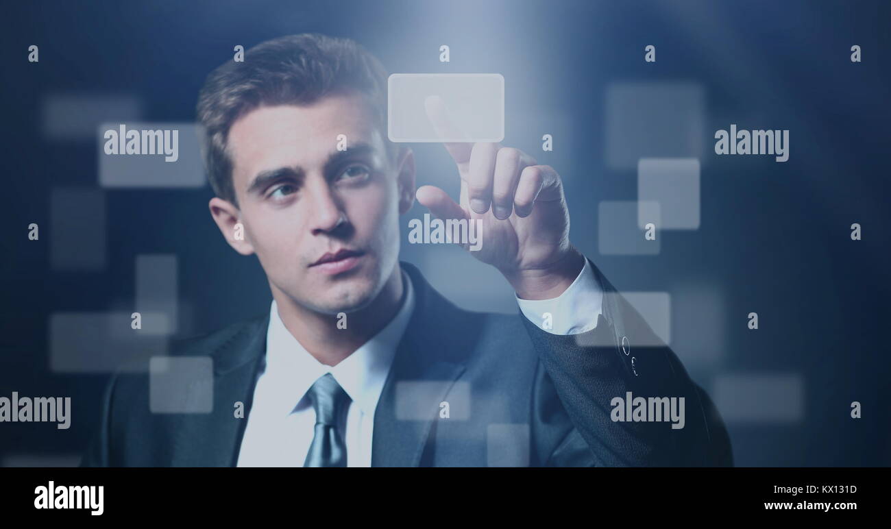 business man pressing a virtual button Stock Photo - Alamy