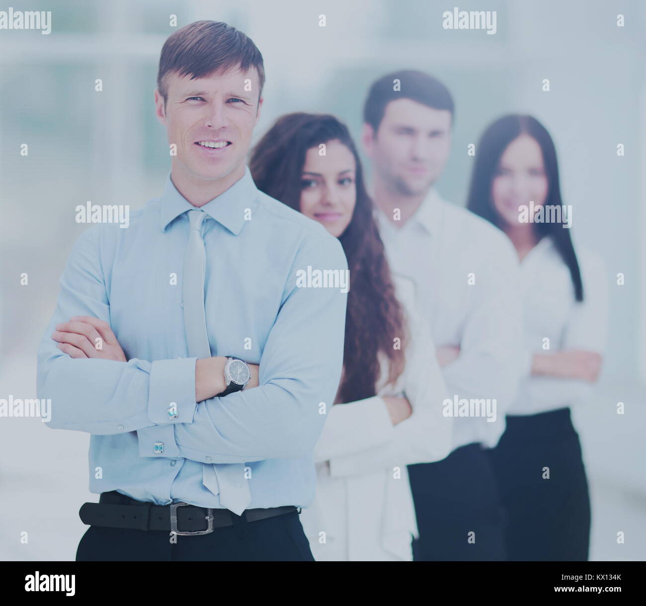 closeup head and business team standing in a column one behind the ...