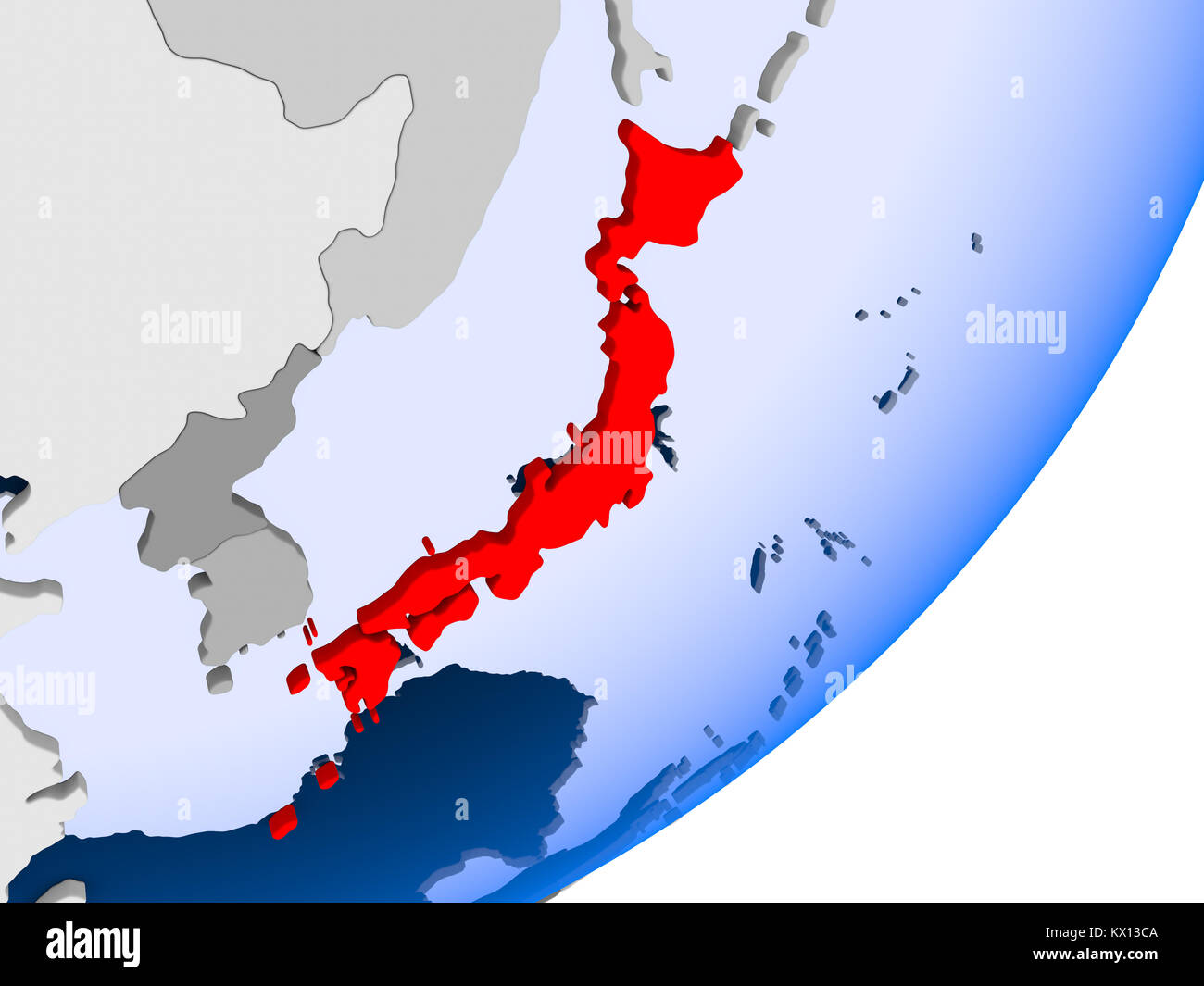 3D render of Japan on political globe with transparent oceans. 3D ...