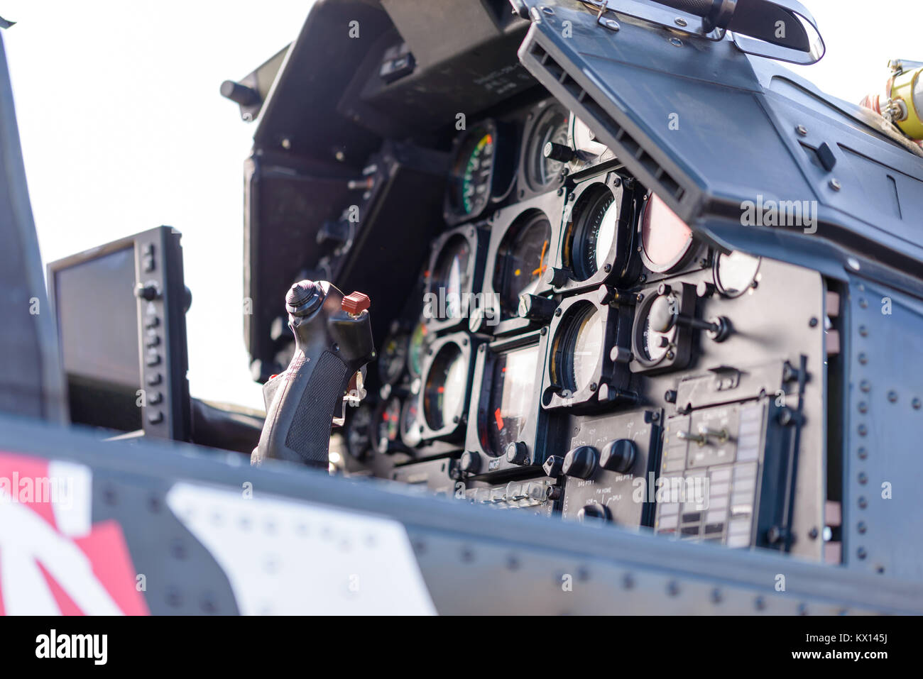 Detailed, close up view of military attack helicopter cockpit with ...