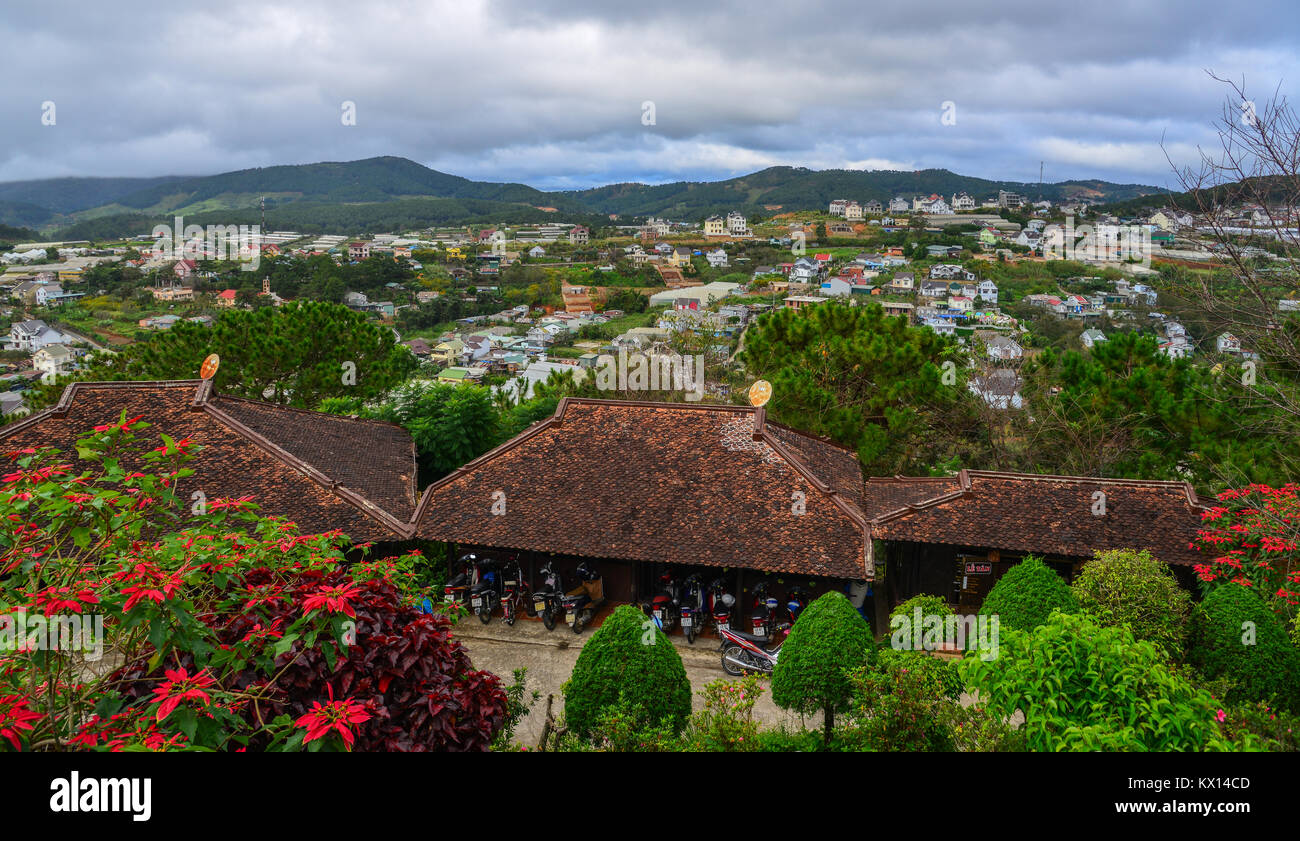 Dalat, Vietnam - Nov 25, 2017. Aerial view of old houses with cityscape ...