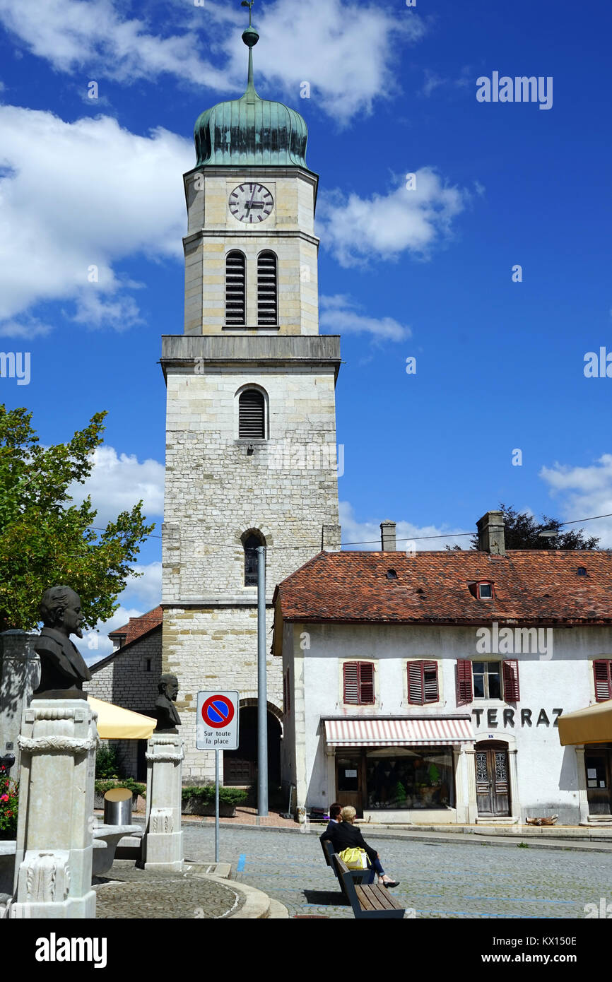 ST-IMIER, SWITZERLAND – CIRCA JULY 2015 clock tower on the main street ...