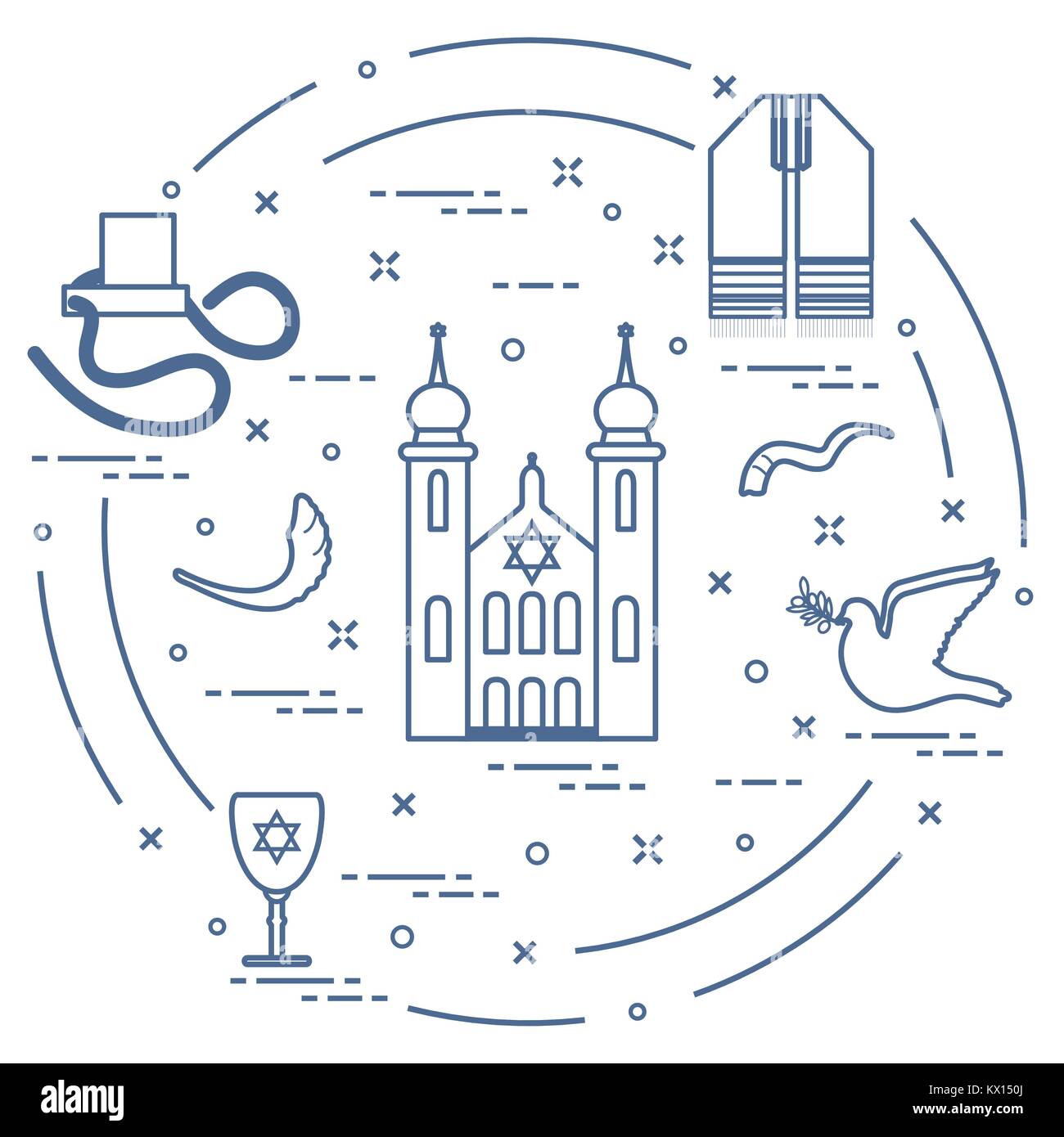 Jewish symbols: tfillin, synagogue, sheep's horn, dove, david's star ...