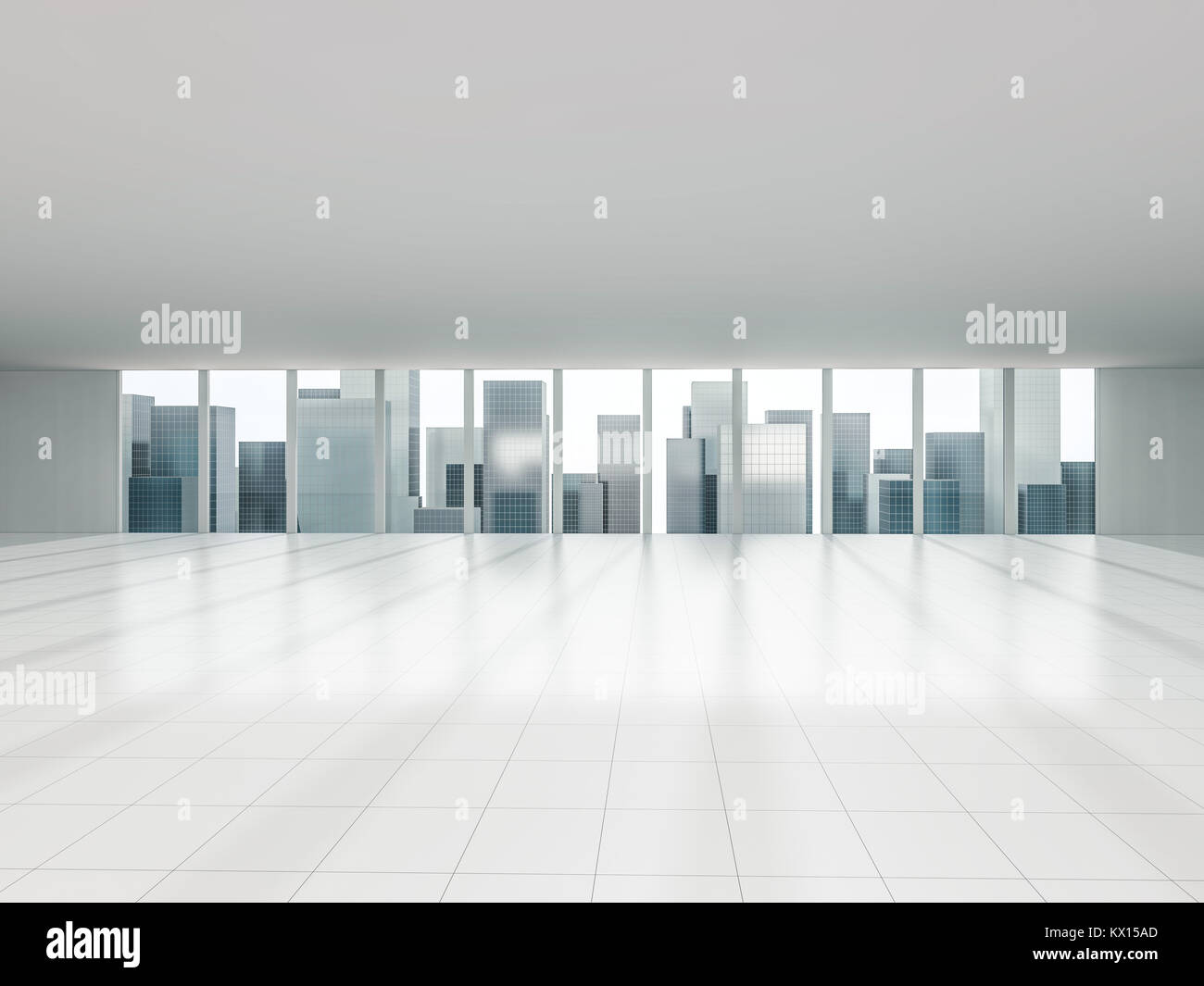 Big window with views of city. 3d rendering Stock Photo - Alamy