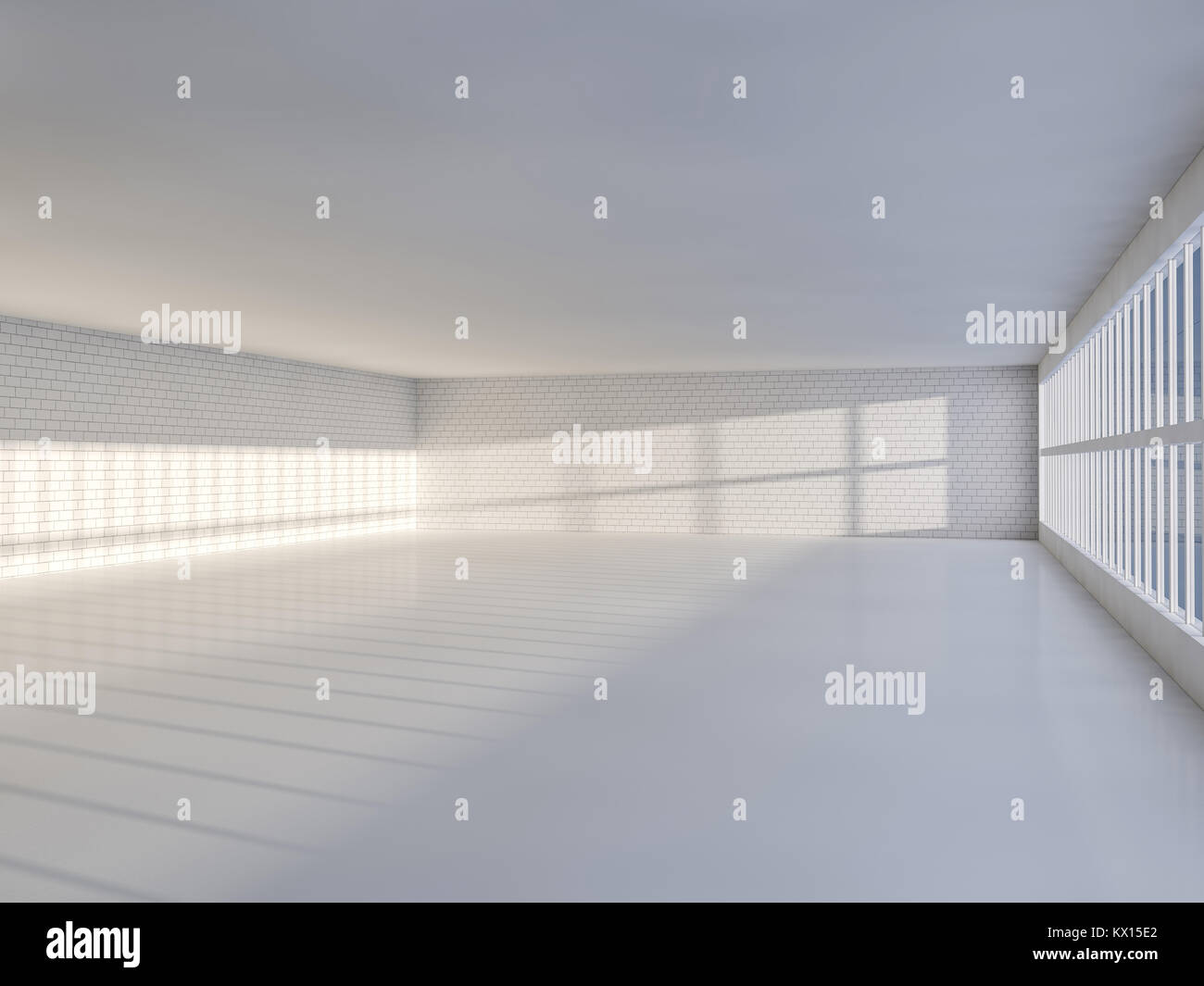 Sunny big open area with windows. 3D rendering Stock Photo - Alamy