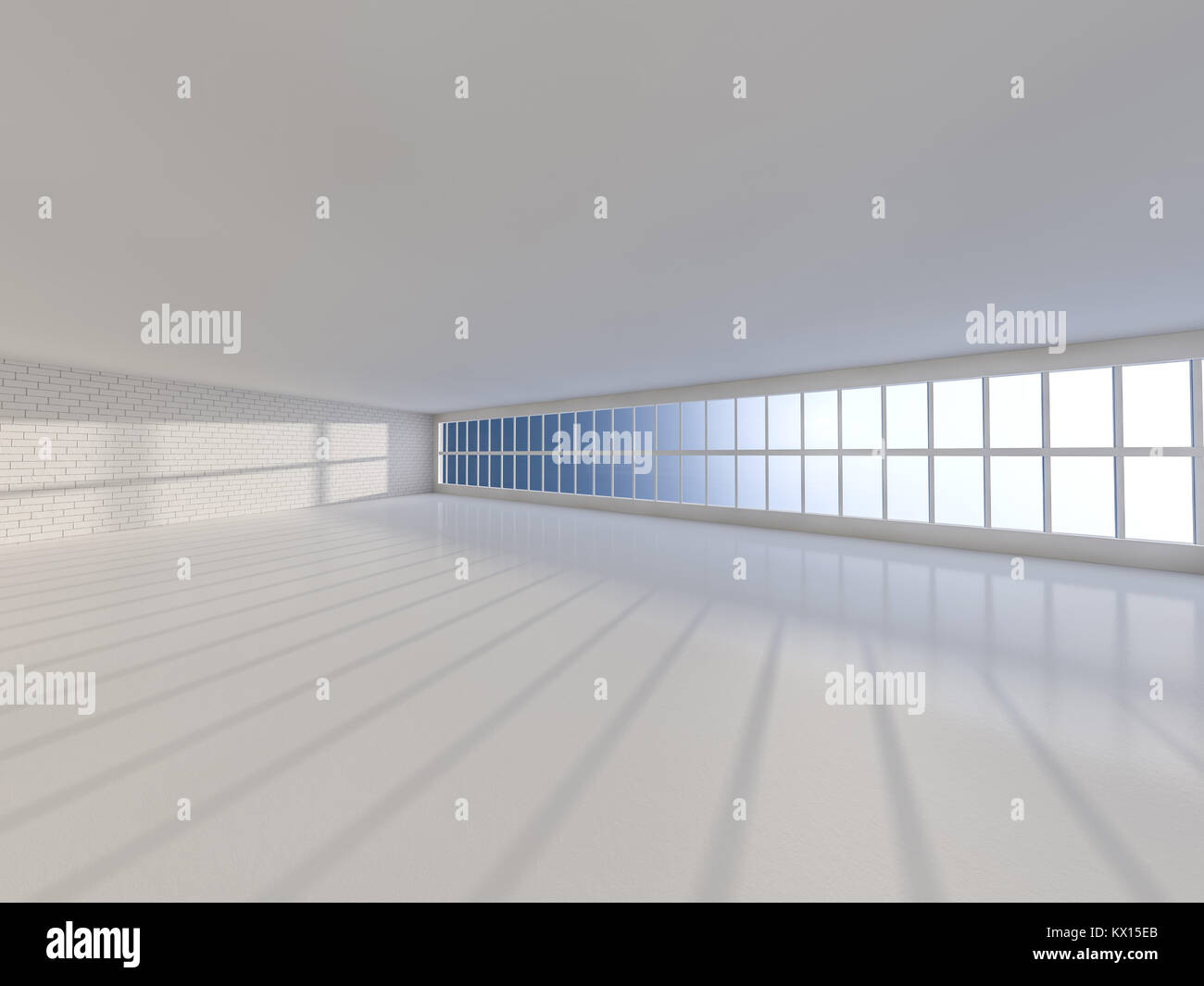Sunny big open area with windows. 3D rendering Stock Photo - Alamy