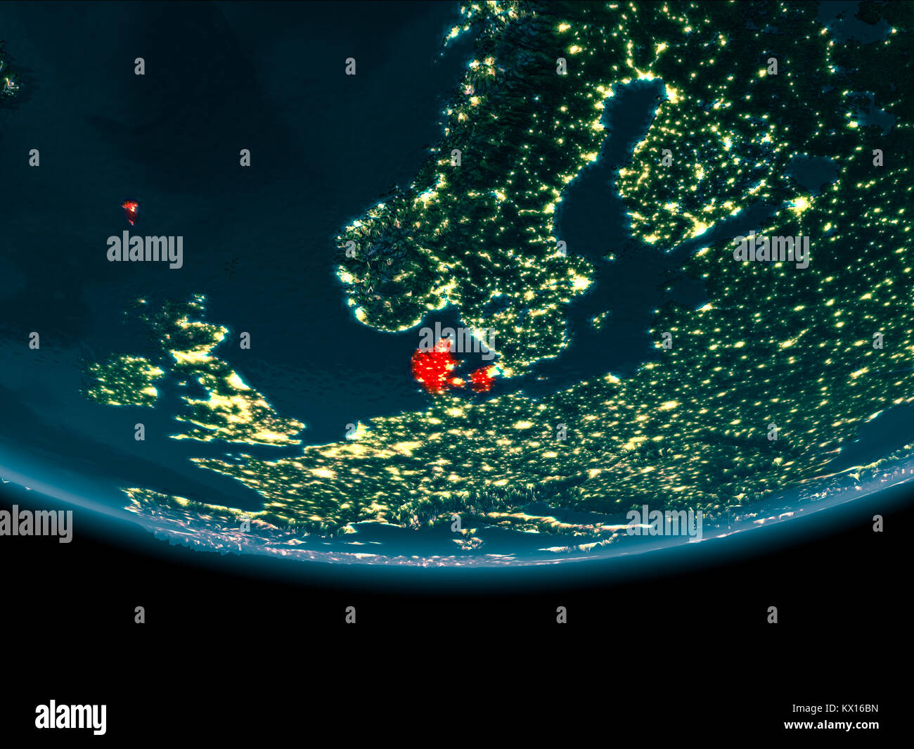 Denmark at night highlighted in red on planet Earth. 3D illustration. Elements of this image ...