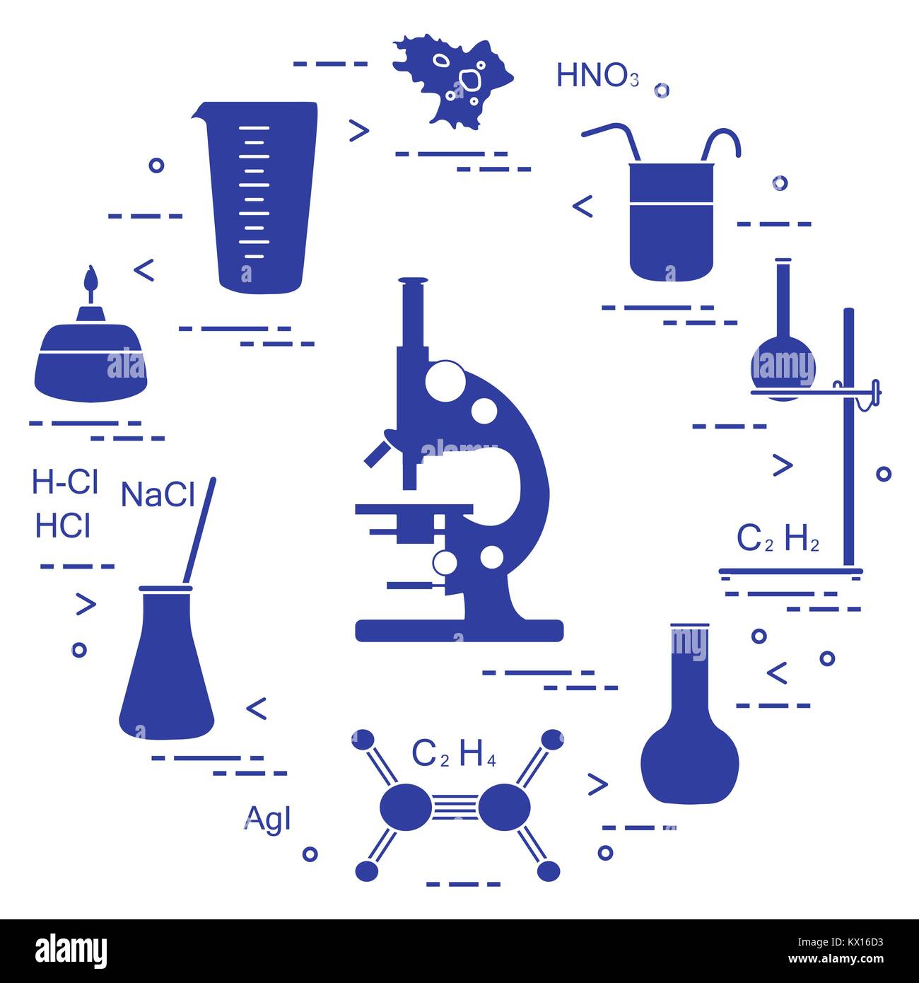 Chemistry scientific, education elements: microscope, flasks, tripod ...