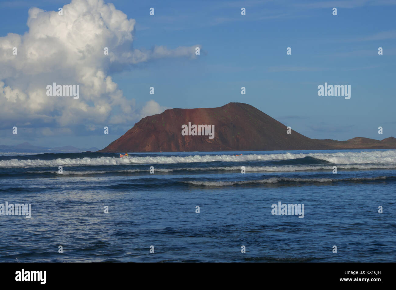 Caldera mountain on the island of los lobos seen from the beach of the ...