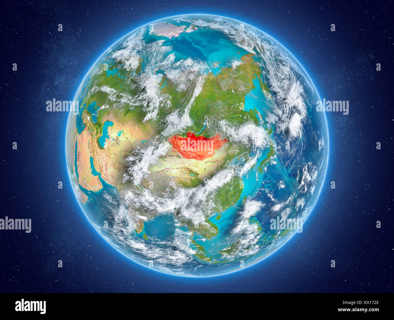 Mongolia in red on model of planet Earth with clouds and atmosphere in ...