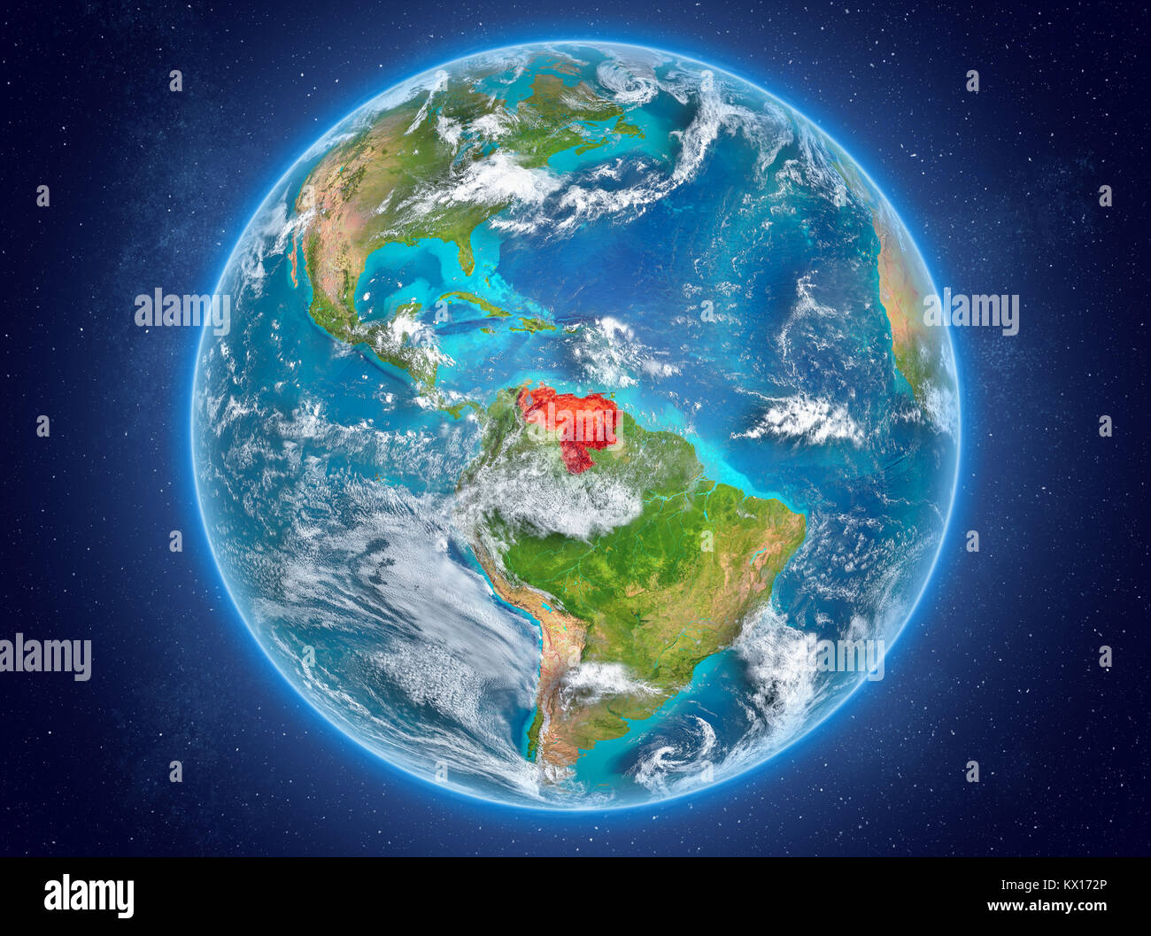 Venezuela in red on model of planet Earth with clouds and atmosphere in ...