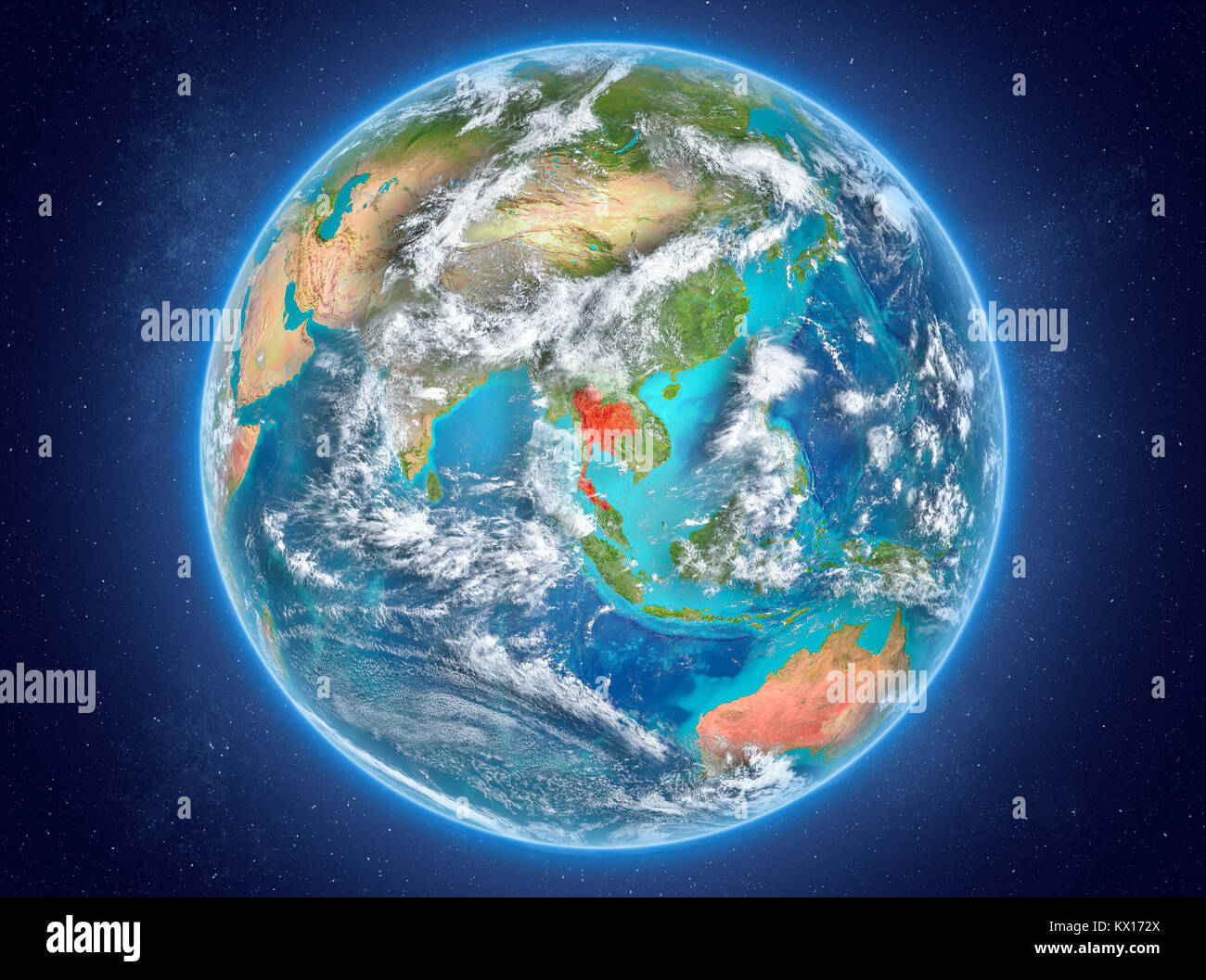 Thailand in red on model of planet Earth with clouds and atmosphere in ...