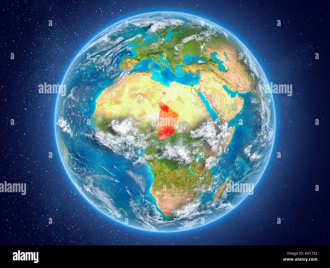 Chad in red on model of planet Earth with clouds and atmosphere in ...