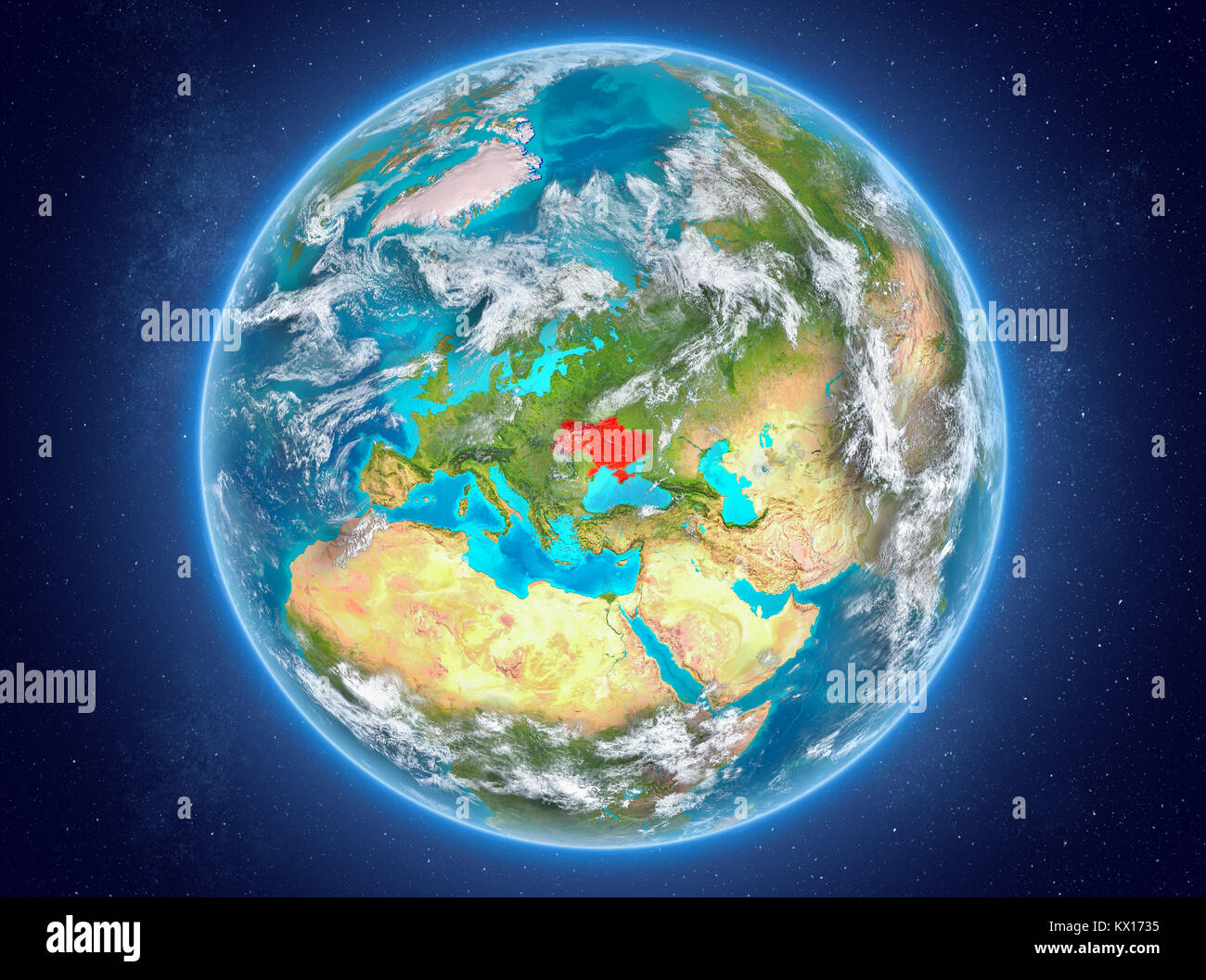 Ukraine in red on model of planet Earth with clouds and atmosphere in ...