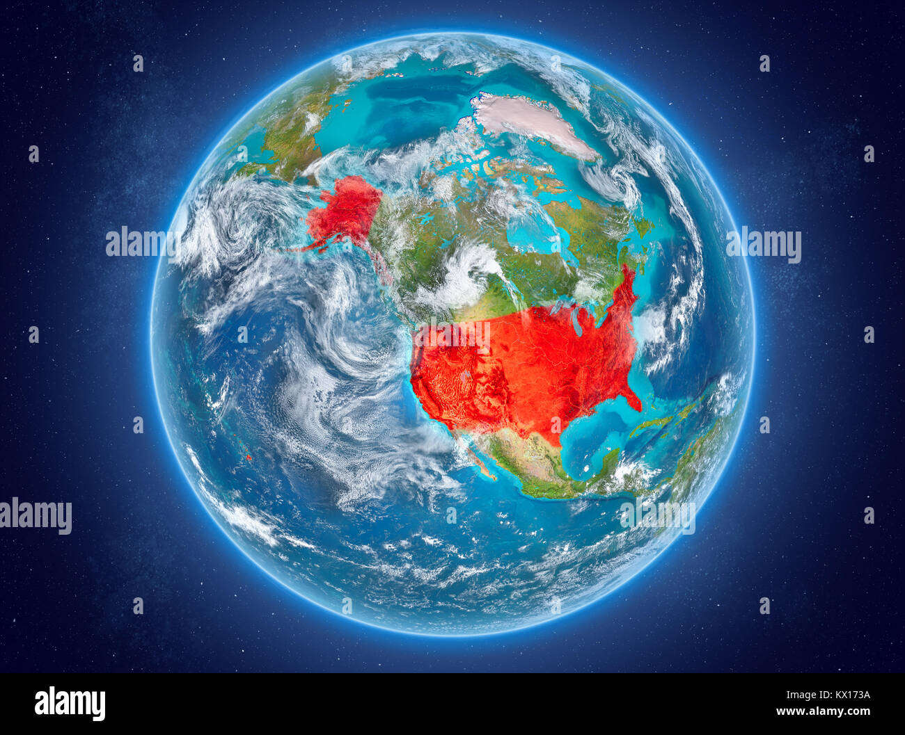 USA in red on model of planet Earth with clouds and atmosphere in space ...