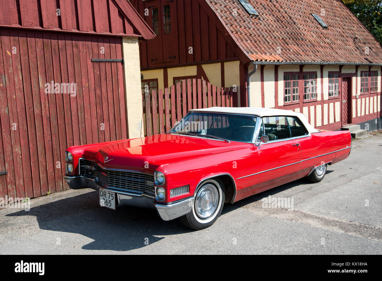 Vintage car in the Old Town of Aarhus, which displays traditional ...