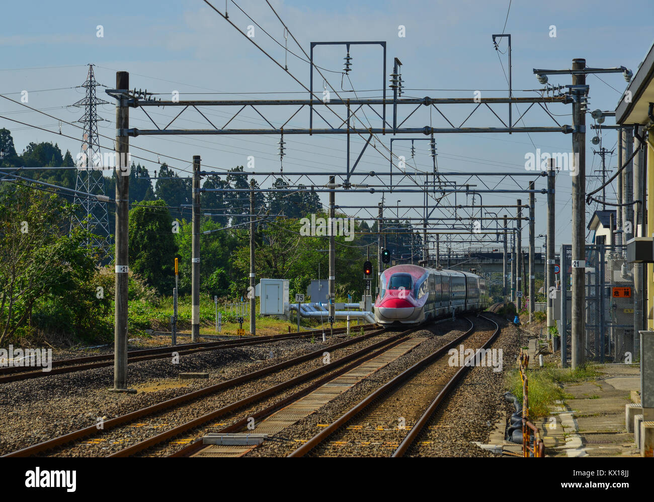Akita, Japan - Sep 27, 2017. A Shinkansen train running on rail track ...