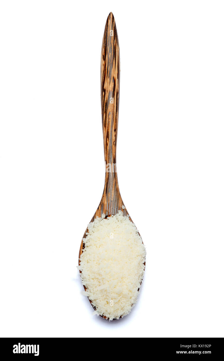 grated Parmesan cheese in wooden spoon on white background Stock Photo ...