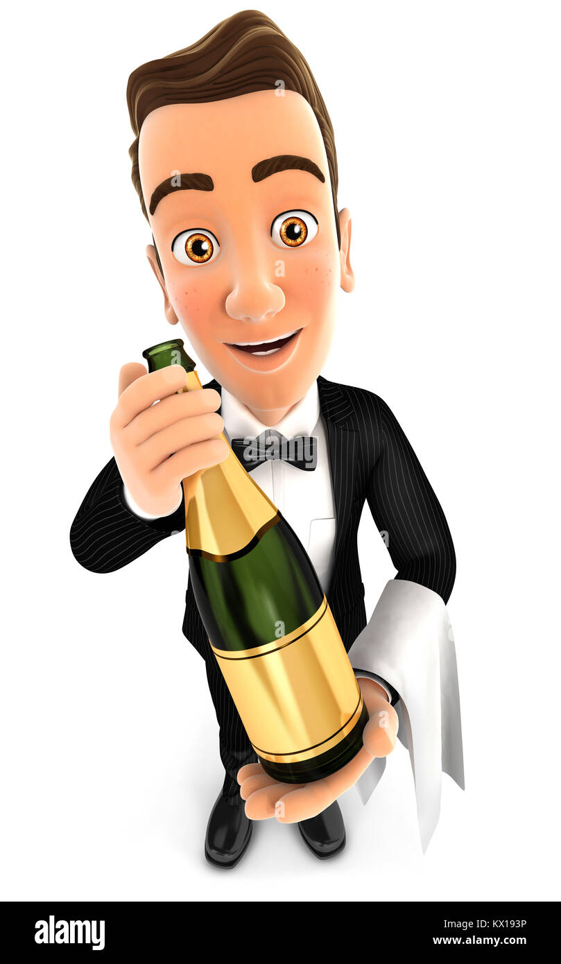 3d waiter holding champagne bottle, illustration with isolated white ...