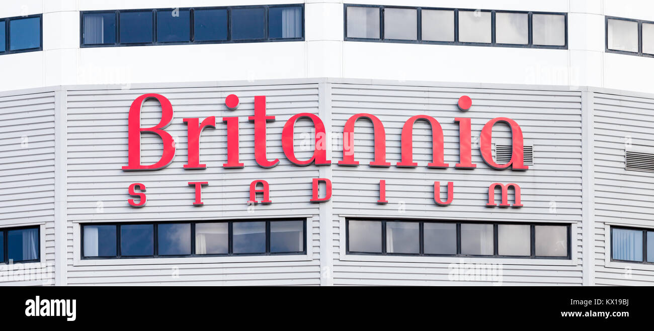 Britannia Stadium adorns the home of Stoke City Football Club in Stoke ...