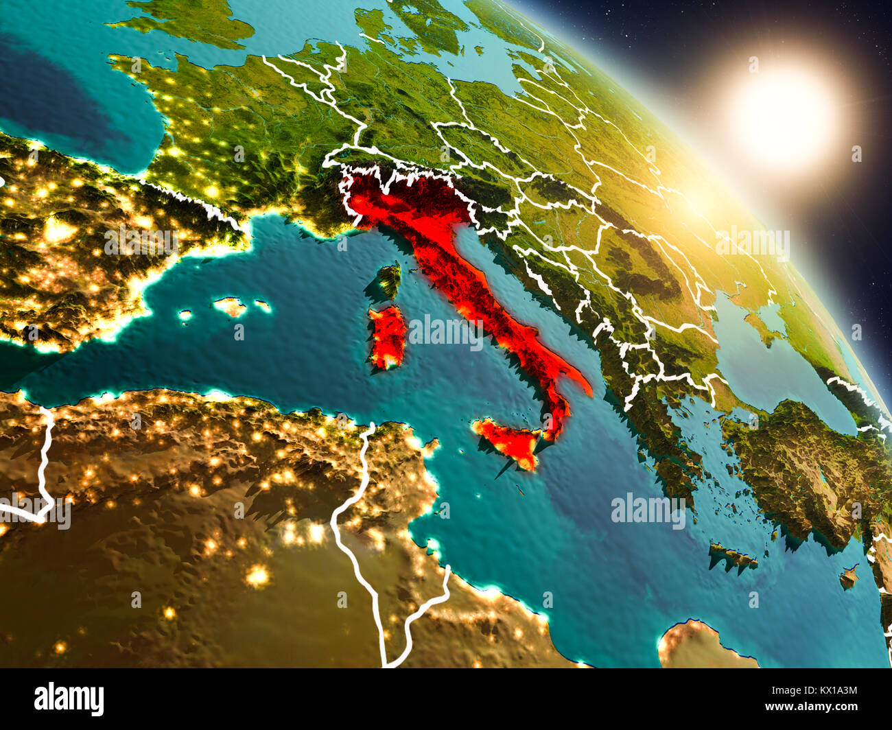 Sunset above Italy from space on planet Earth with visible country ...