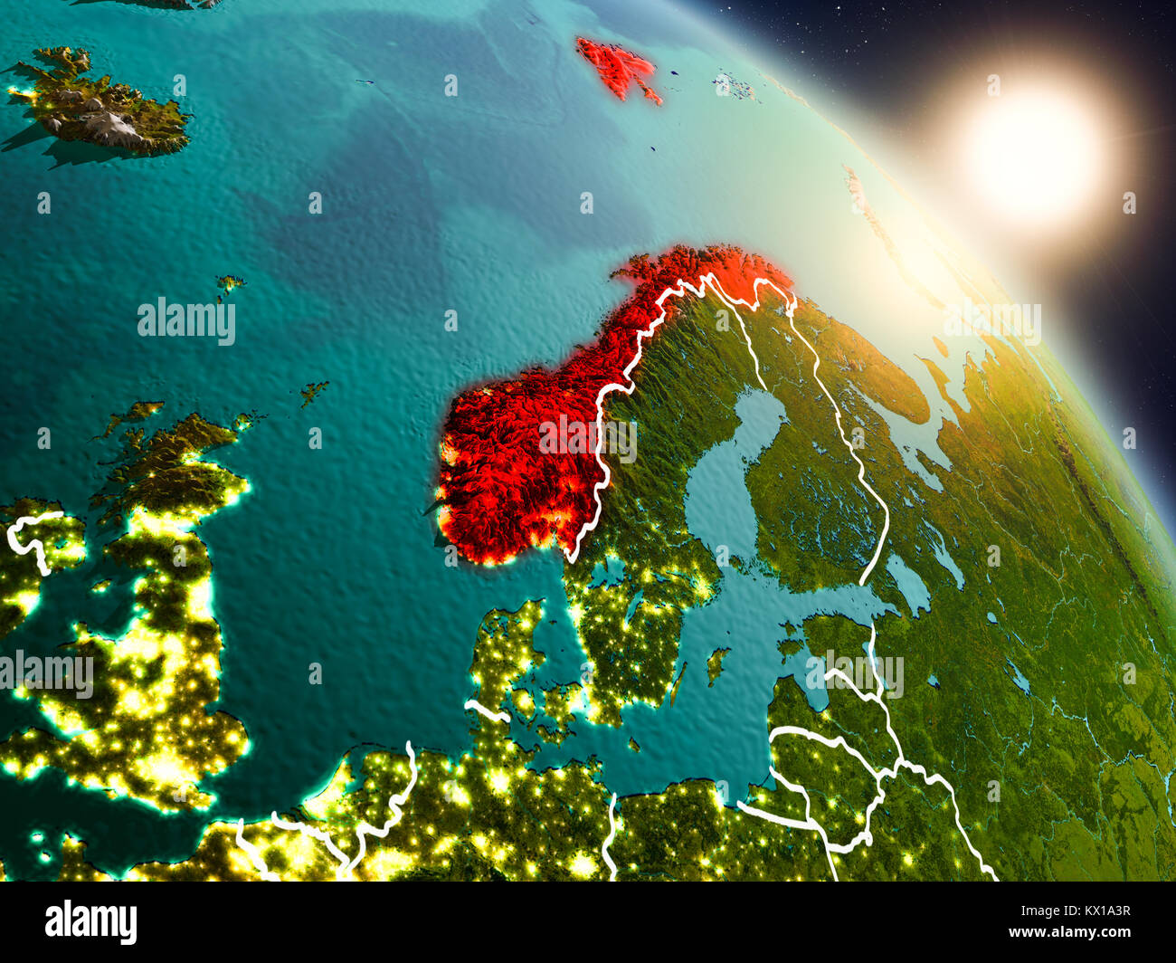Sunset above Norway from space on planet Earth with visible country ...