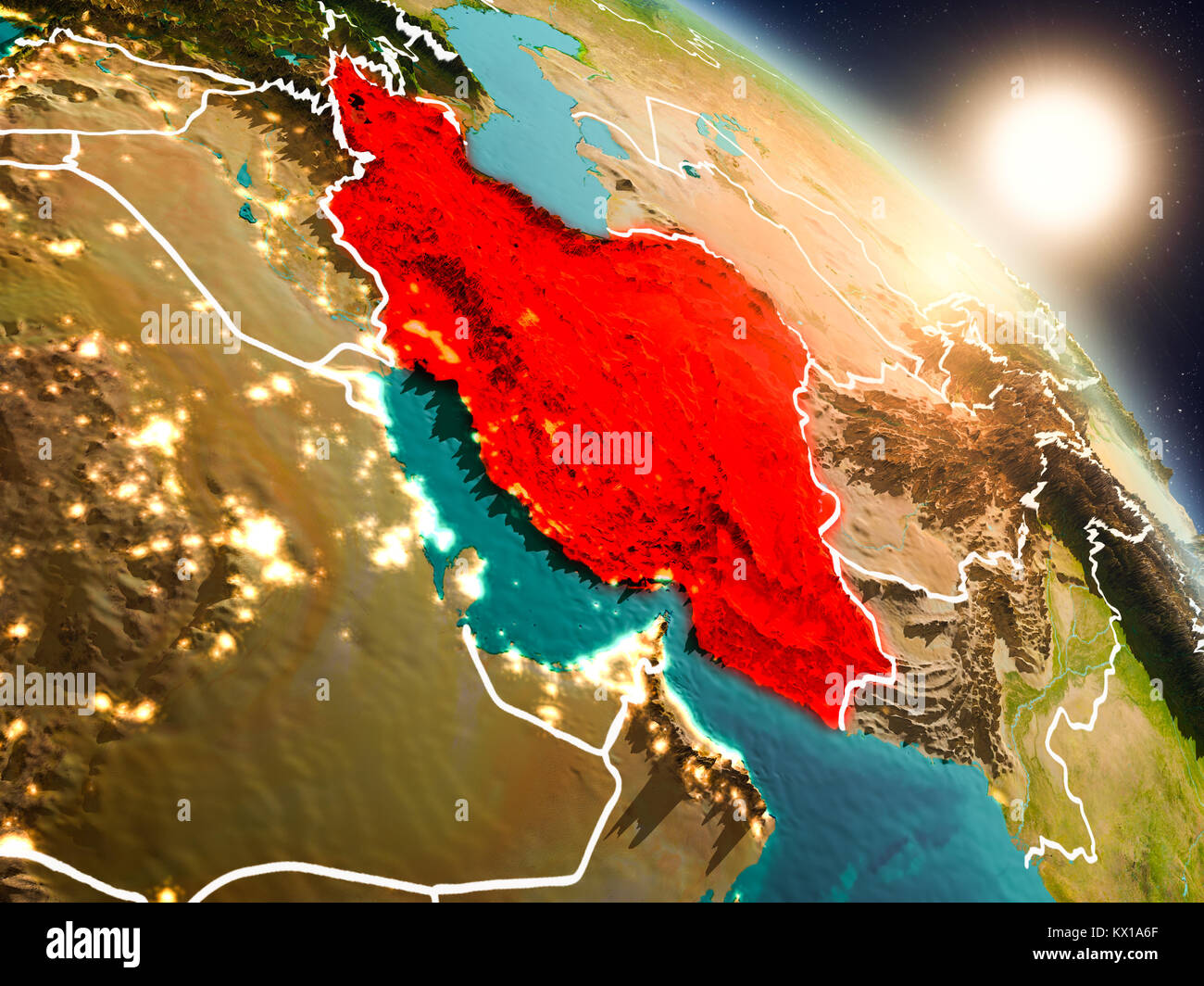 Sunset above Iran from space on planet Earth with visible country ...